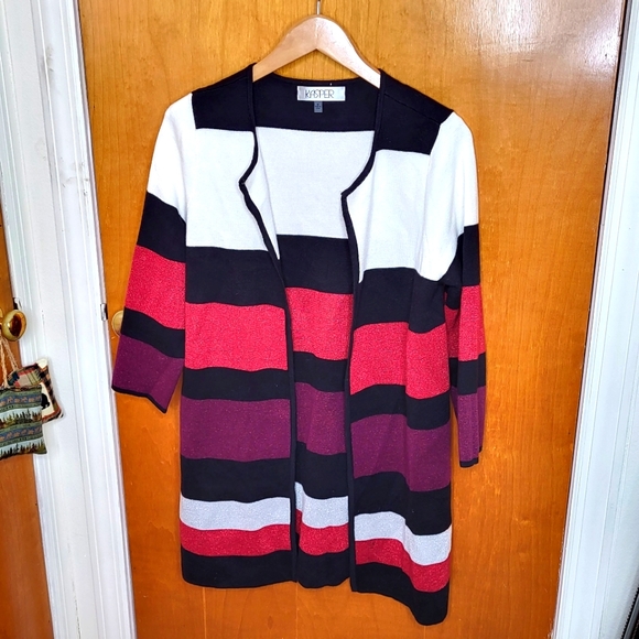 Kasper | Sweaters | Kasper Red Black Silver White Open Front Long ...